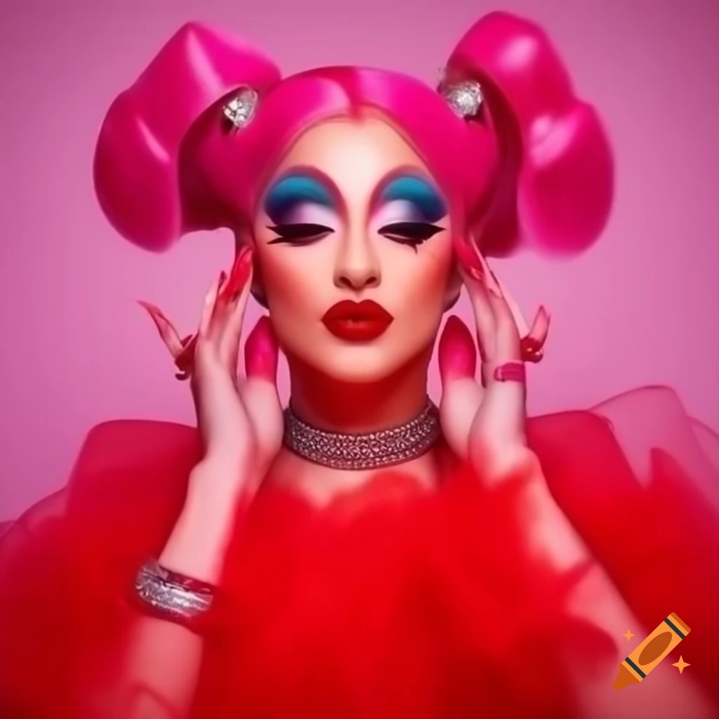 Promo look for drag queen Rosie Cheeks featuring red flouncy dress and ...