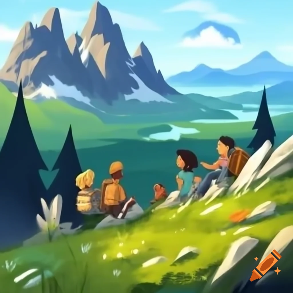 Friends on mountain adventure in lush emerald meadows under sunny skies on Craiyon