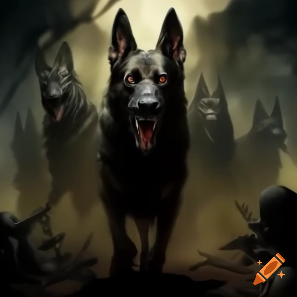 Silhouette of a German shepherd in gloom, resembling a snarling beast ...