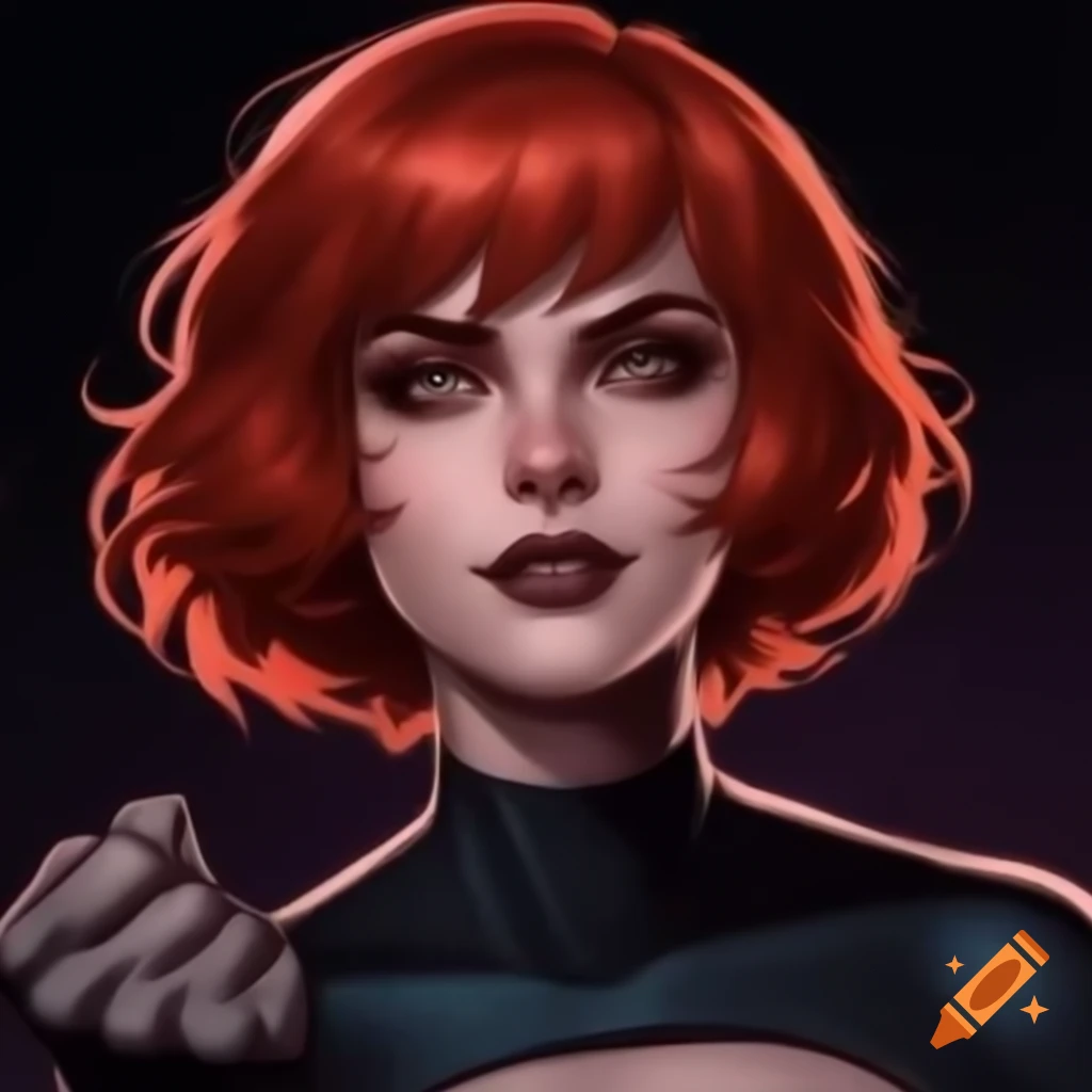 Comic book style portrait of fit villainess with red hair in dark tight ...