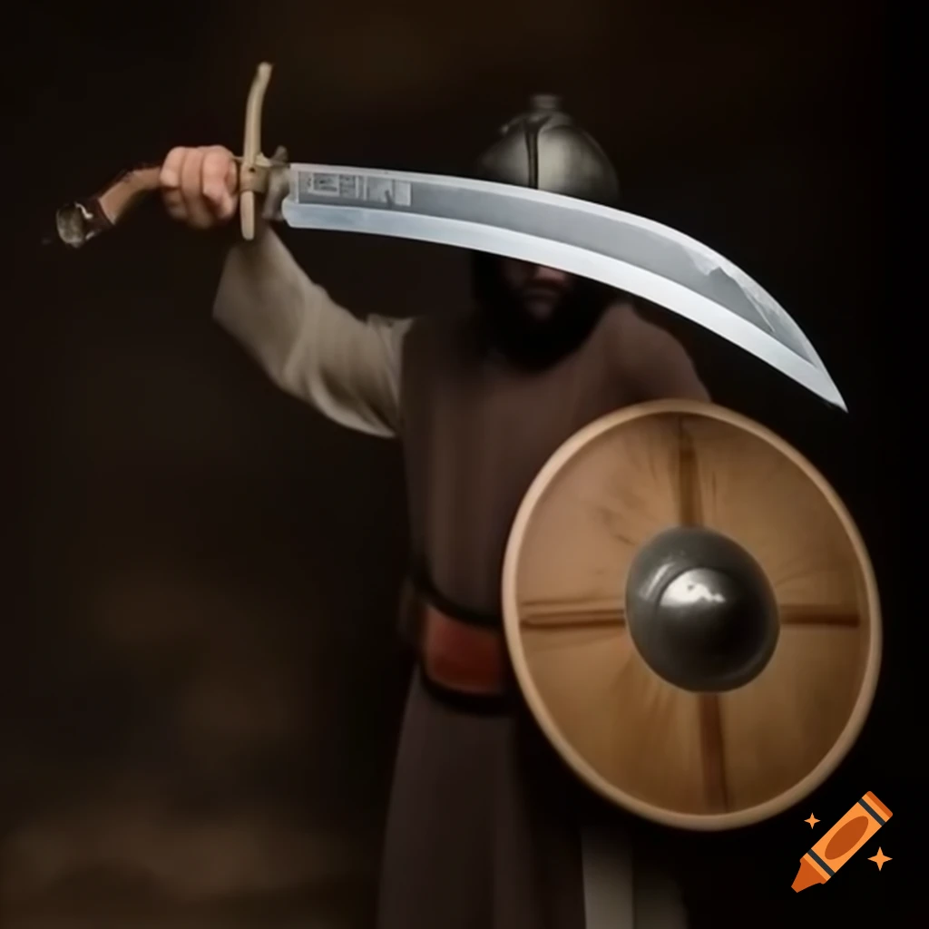 Persian warrior with curved sword and wooden shield on Craiyon