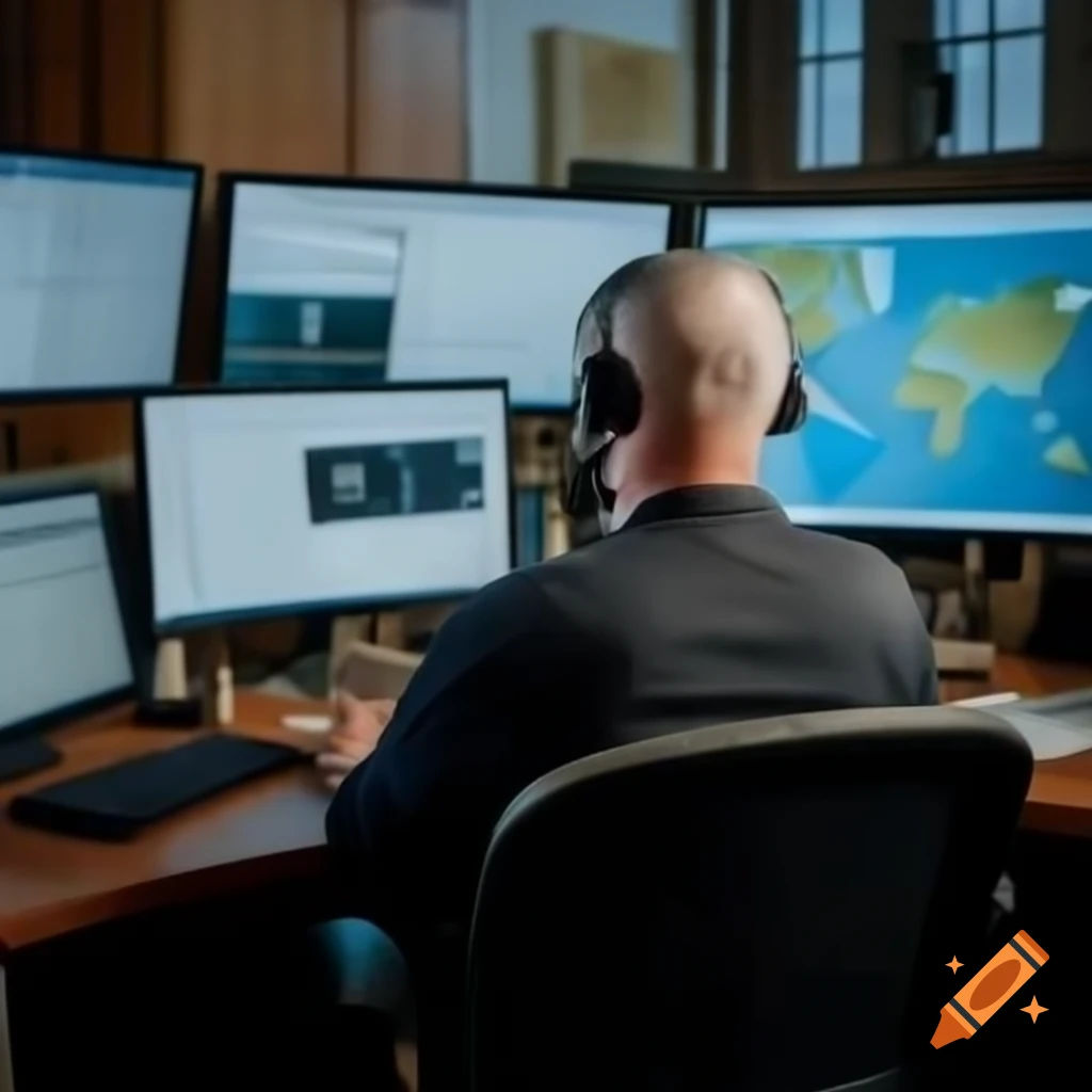Truck dispatcher in office focusing on multiple computer monitors with ...