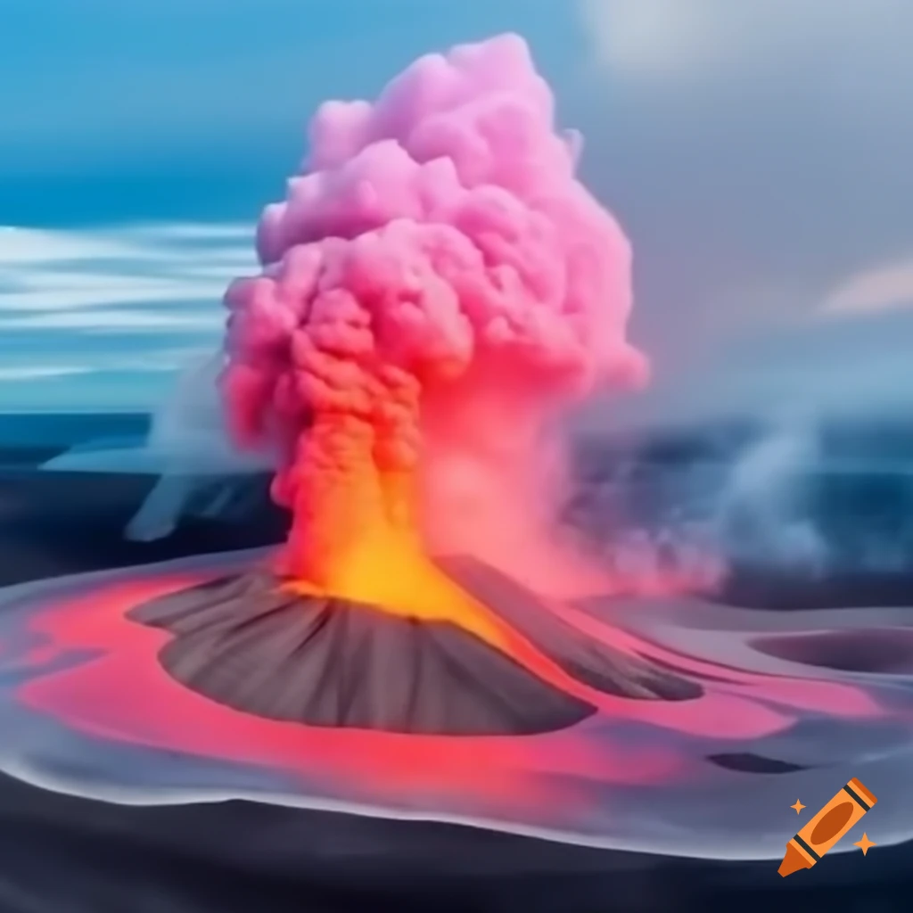 Pastel colored volcano emitting pink lava with seismic waves on Craiyon