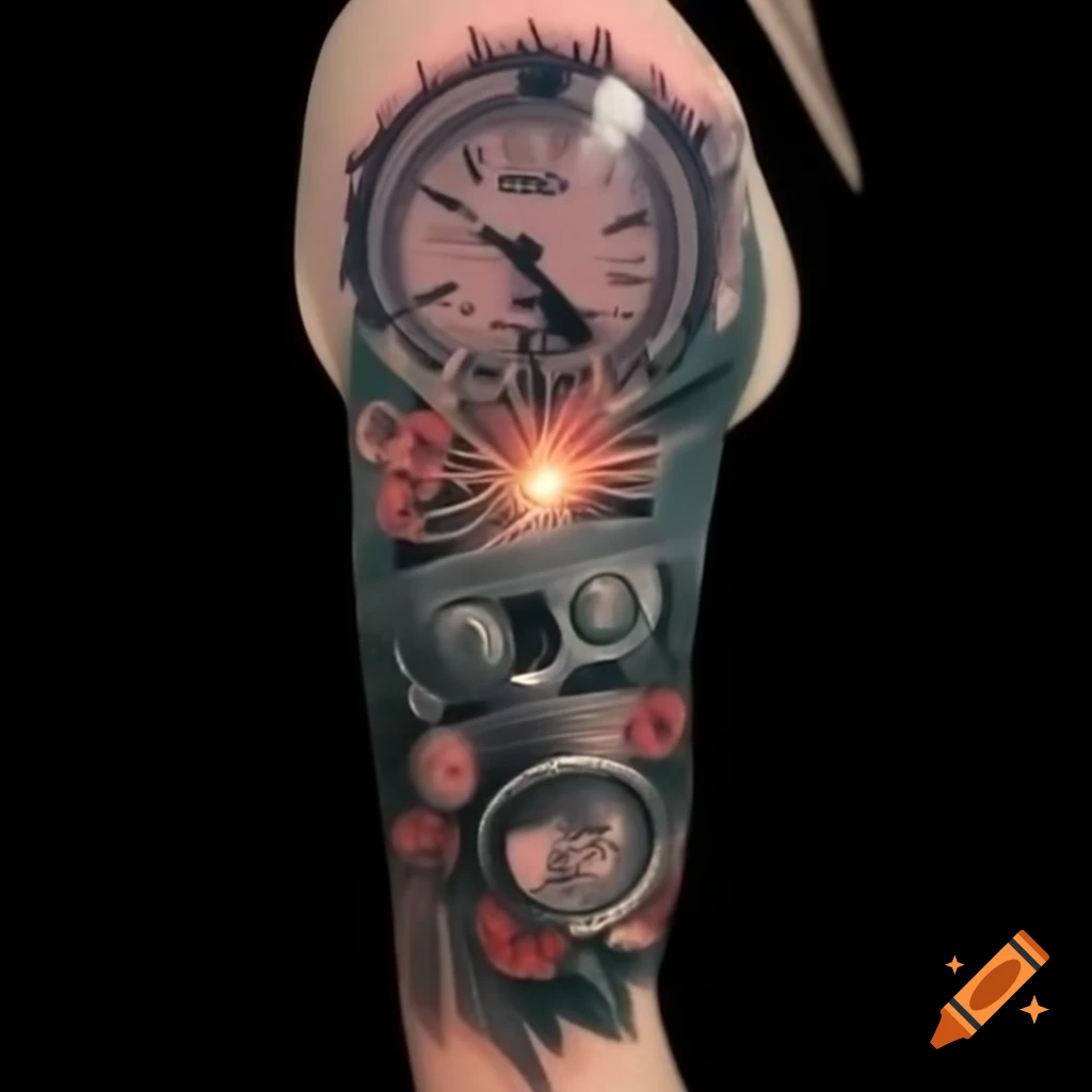 Tattoo sleeve design featuring spark plugs, speedometer, piston, and ...