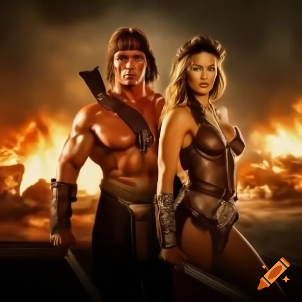 Arnold schwarzenegger as conan the barbarian and warrior princess xena posing with explosions on ...