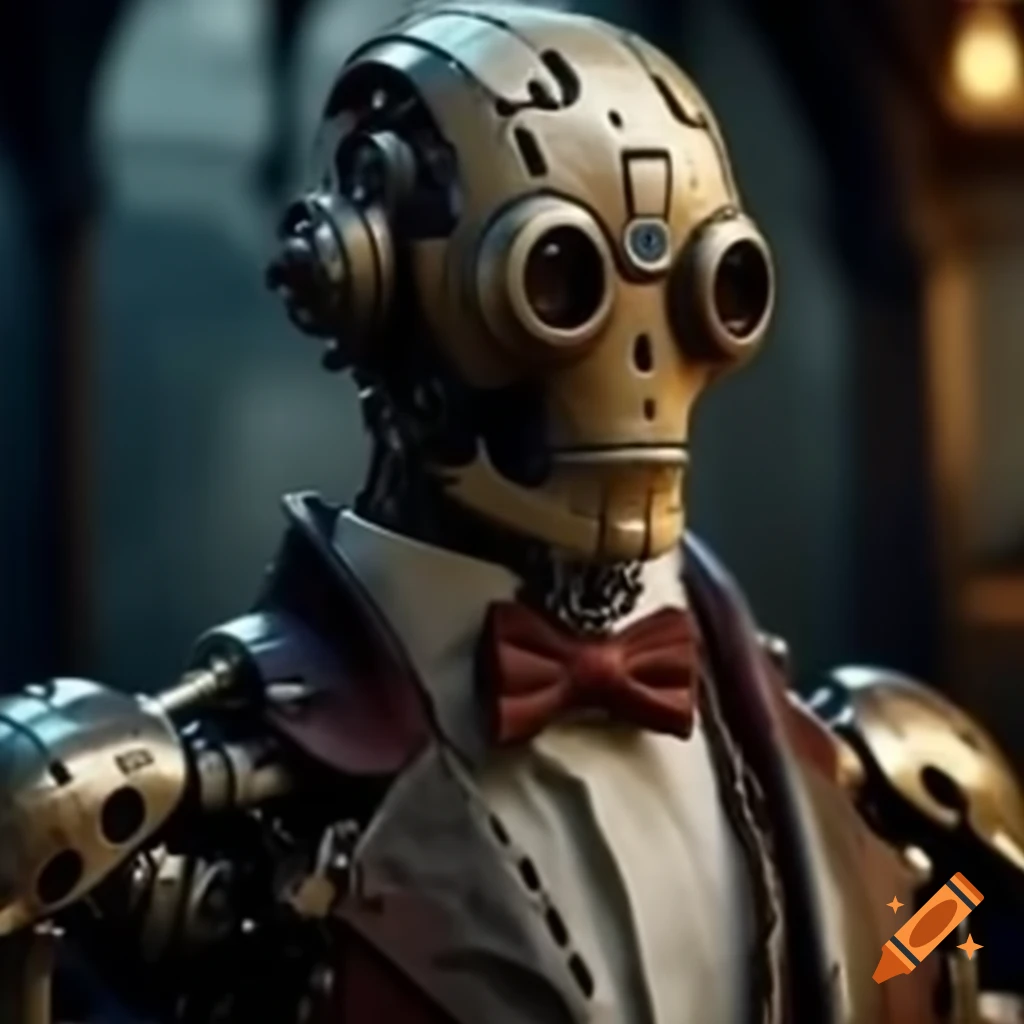 Friendly steampunk robot butler wearing a bow tie on Craiyon