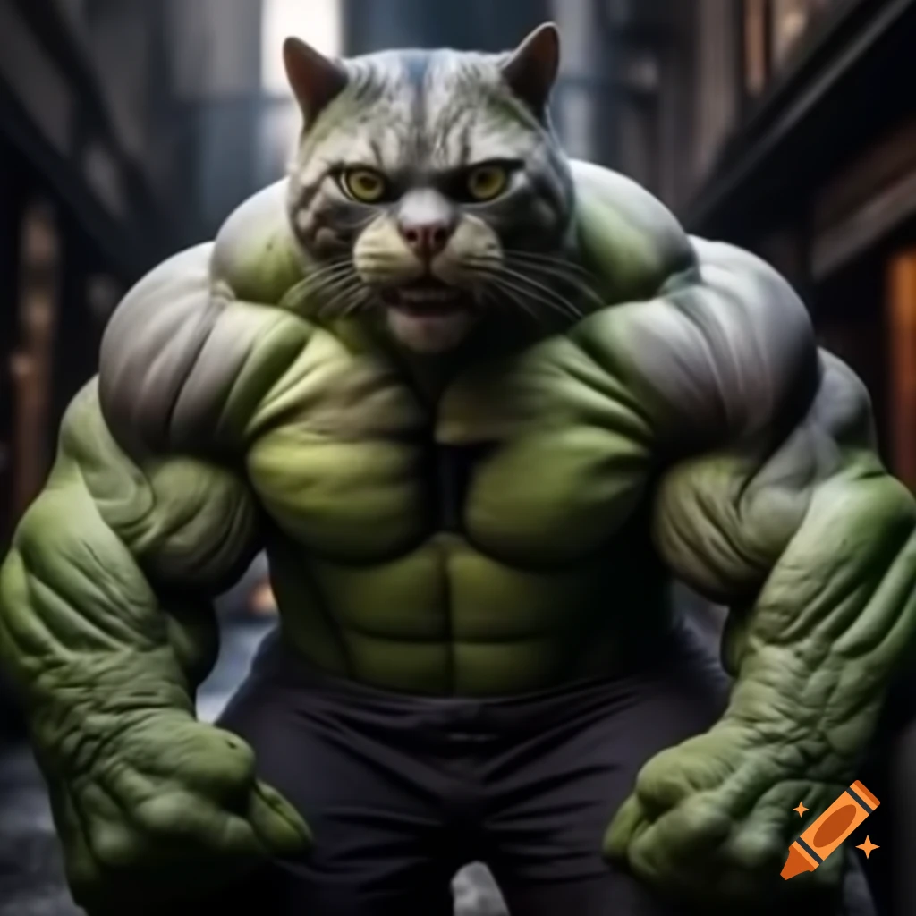 Muscular old grey street cat resembling the incredible Hulk on Craiyon
