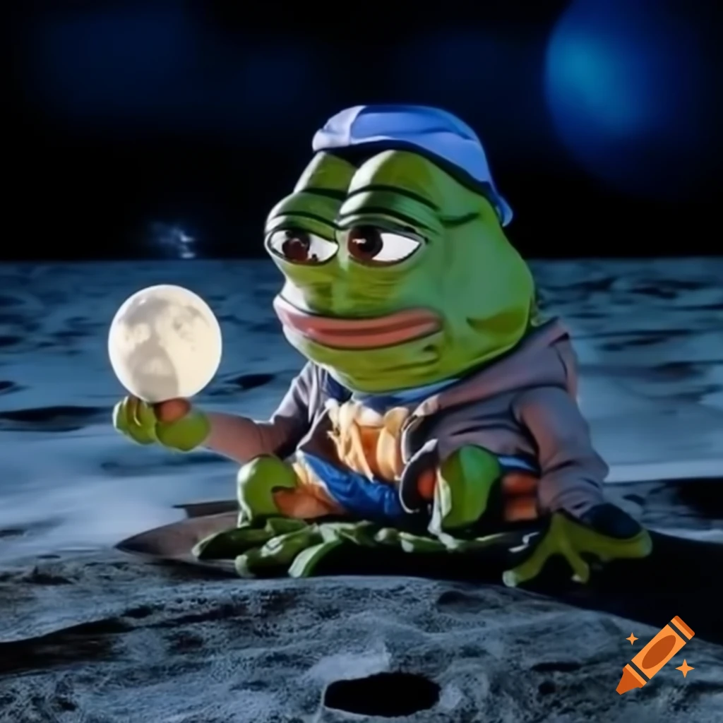 Pepe character holding TON cryptocurrency on the moon on Craiyon