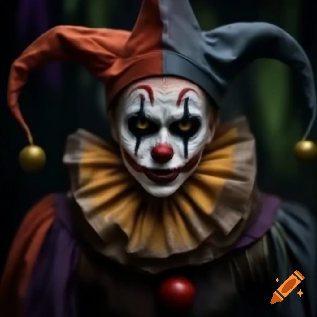 Spooky oversized jester with painted smile and mysterious demeanor on ...
