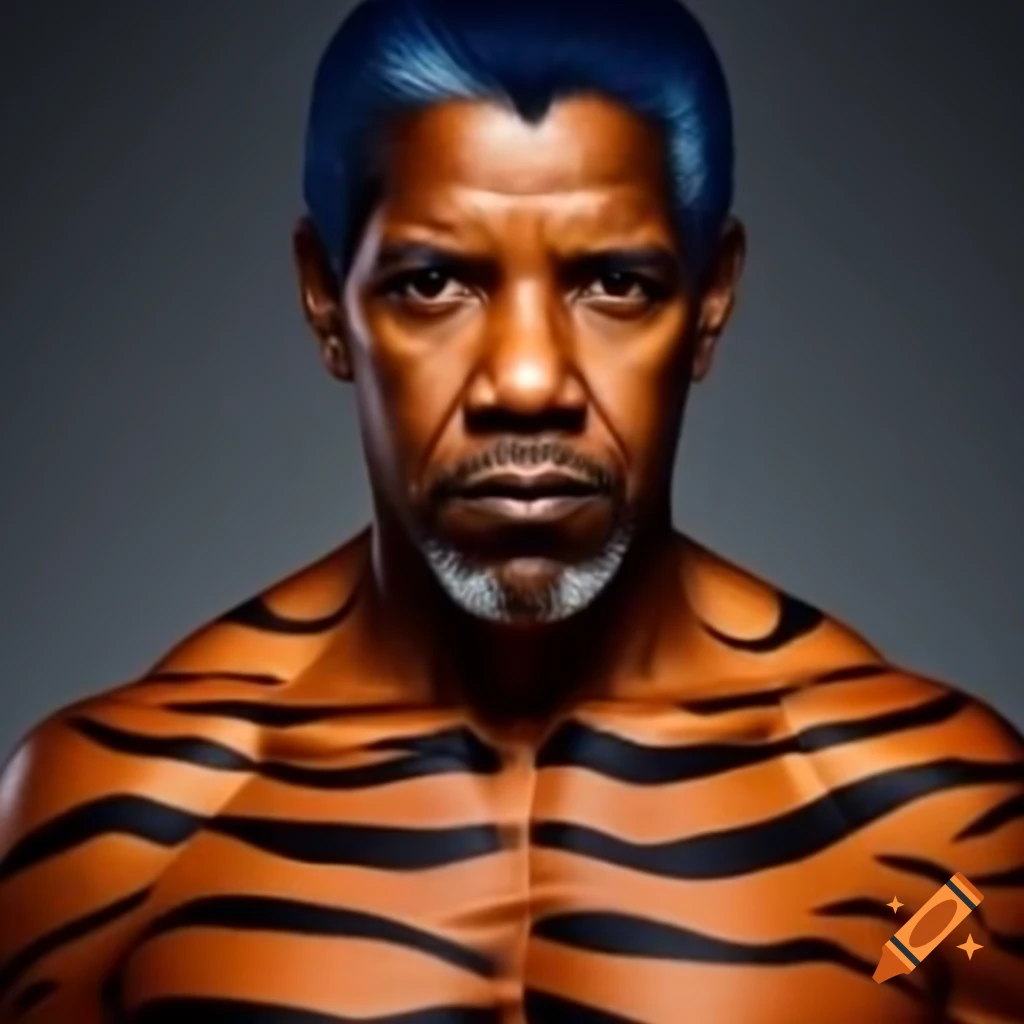 Muscular person with tiger-style makeup featuring blue hair and orange ...