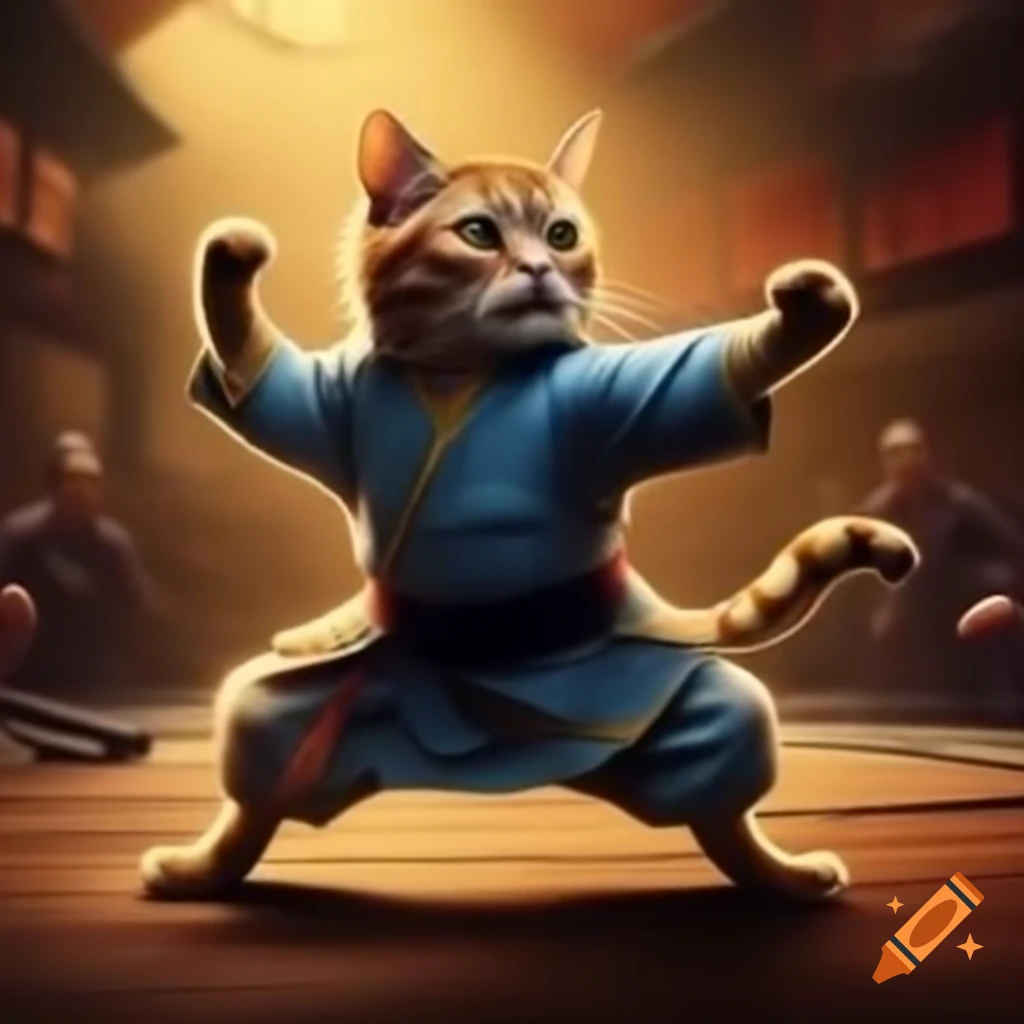 Cat performing kung fu move on Craiyon