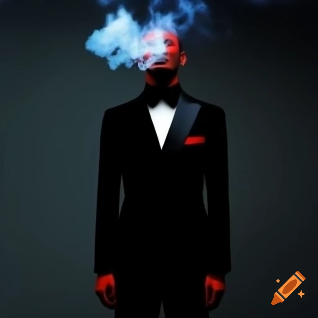Minimalistic faceless figure in black tuxedo with red accents against ...