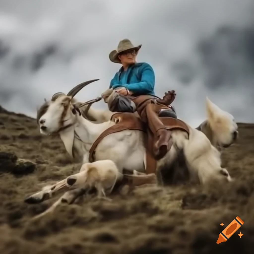 Cowboy riding a mountain goat in an adventurous wilderness setting on ...