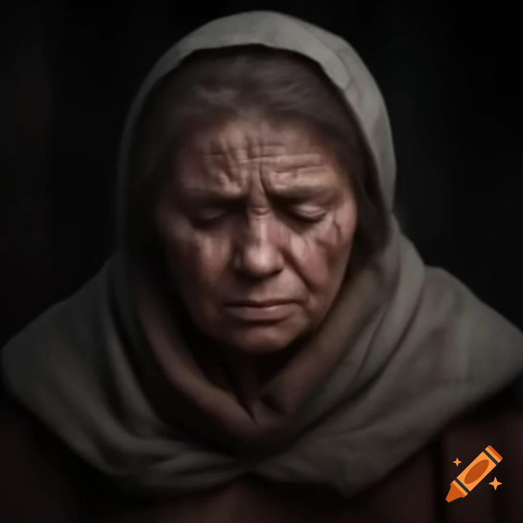 Medieval woman farmer crying with tears on her face in despair on Craiyon