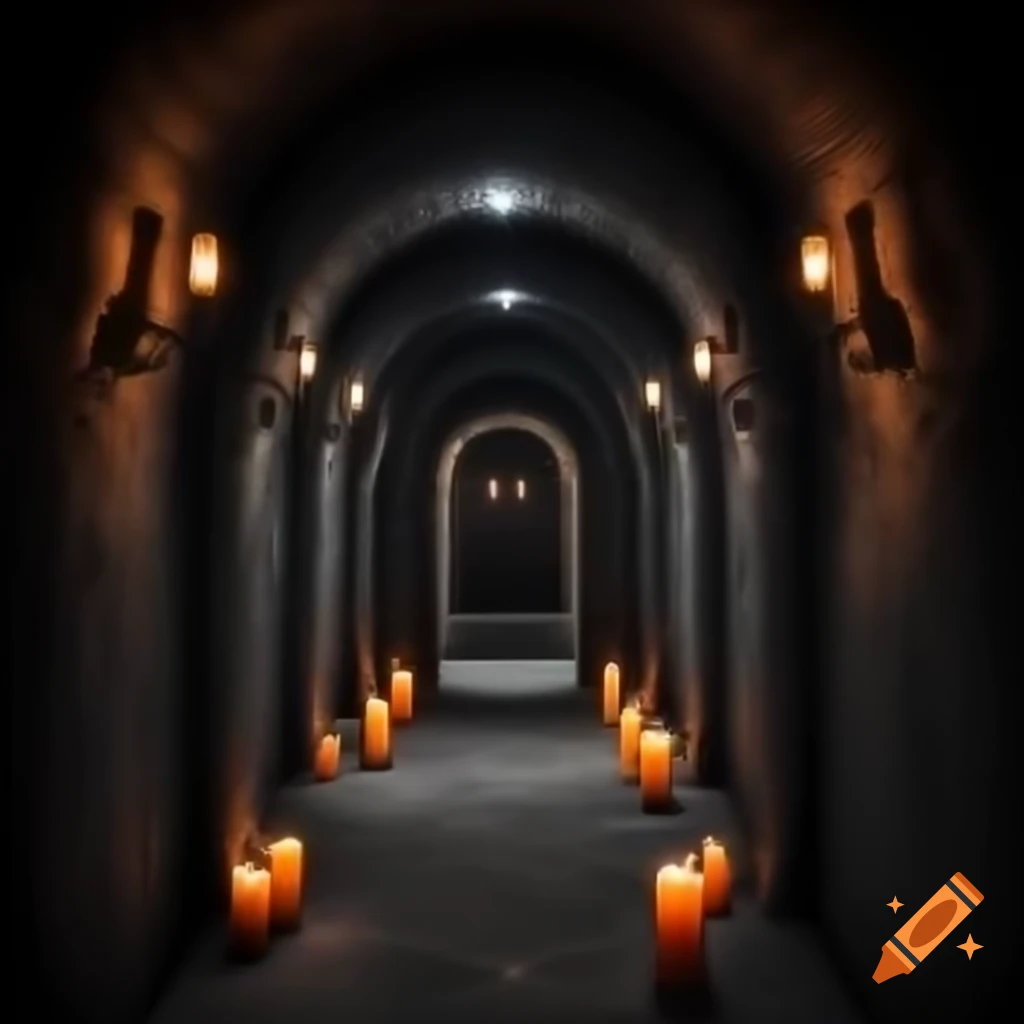 Dark dungeon hallway illuminated by candles on Craiyon