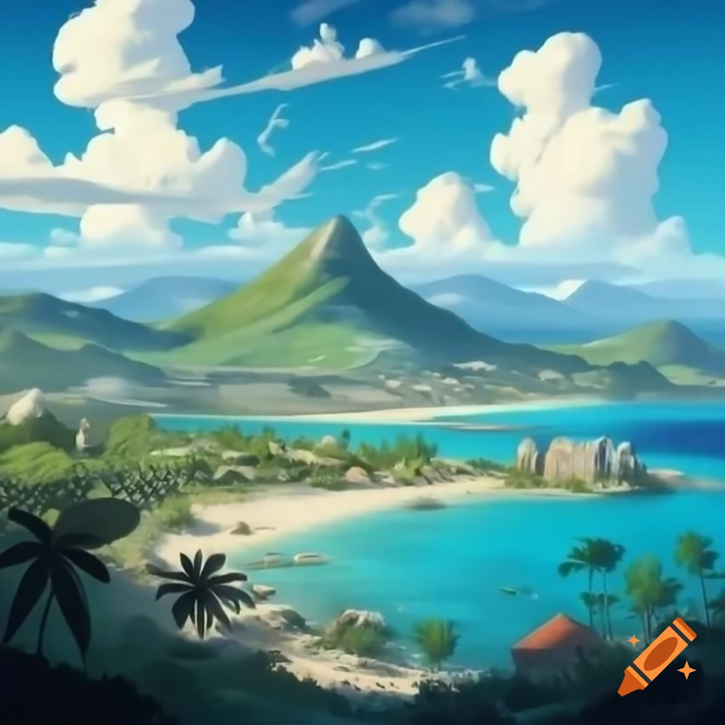 Vibrant animated landscape of Haiti featuring mountains, beaches, and historic landmarks on Craiyon