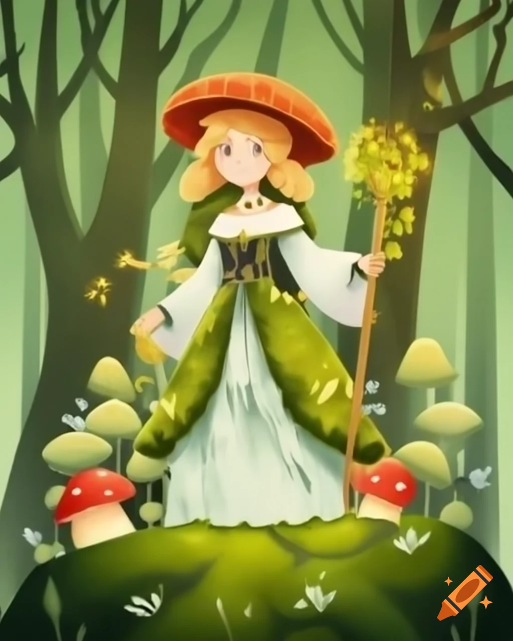 Epic anime illustration of queen of nature with flower dress and magic ...