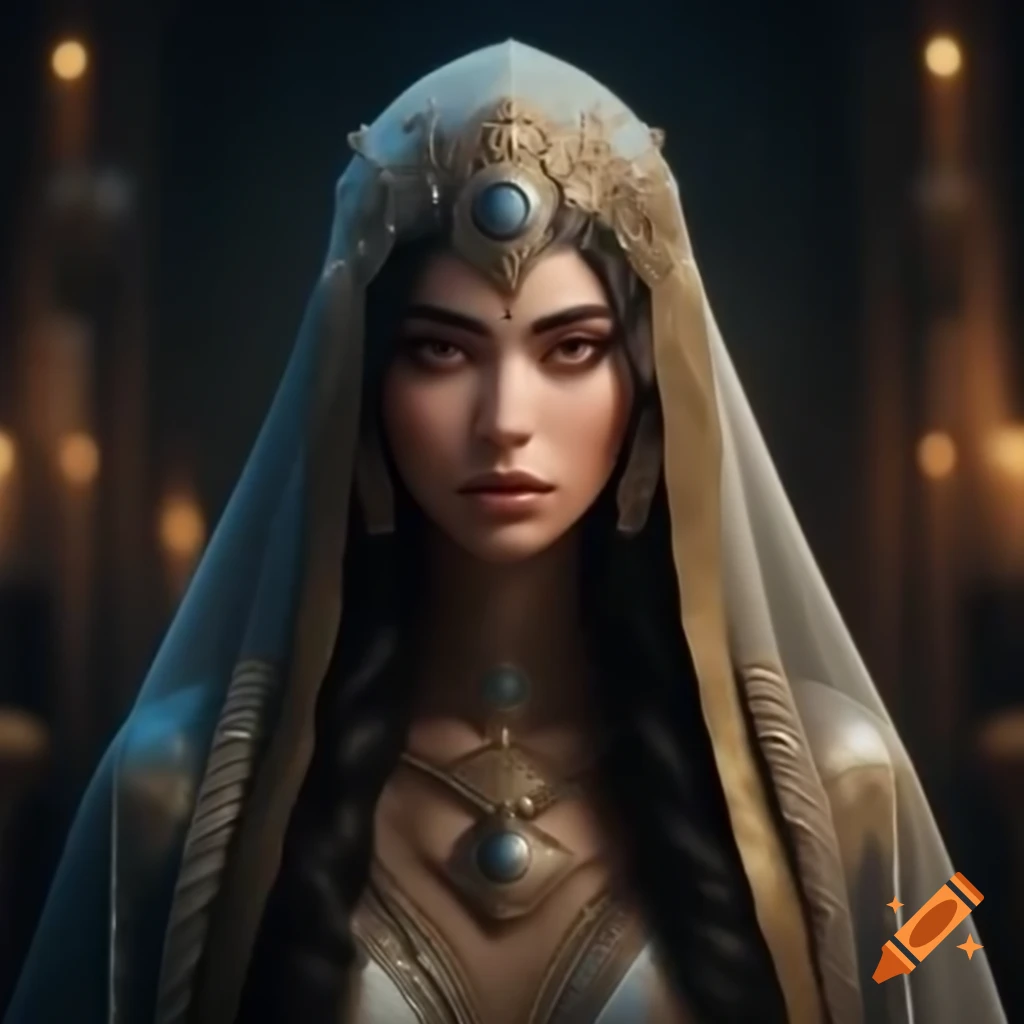 Regal persian sorceress with intricate ceremonial robes shimmering on ...