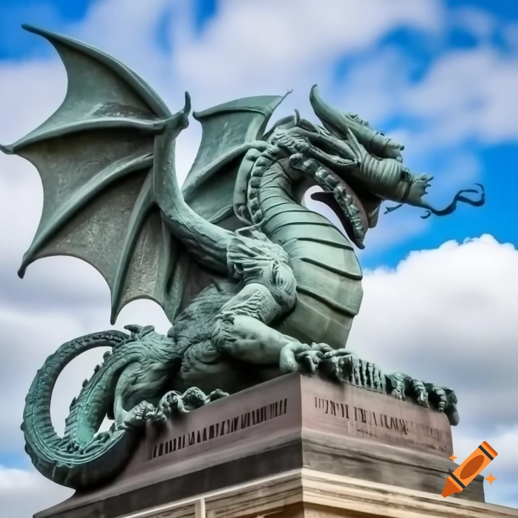 Marbled stone statue of European dragon coiling around a stone spire ...
