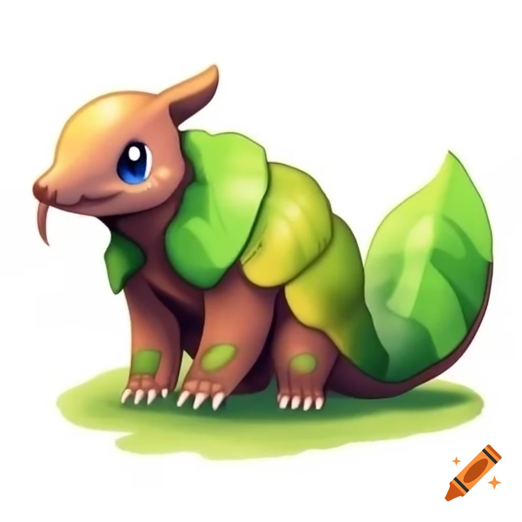 Pangolin with leaf scales in pokemon style, chunky baby design on Craiyon