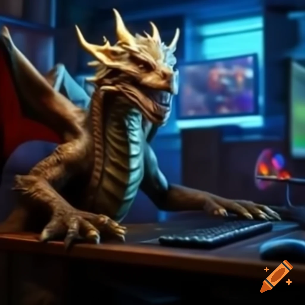 Dragon playing video game at computer in full hd on Craiyon