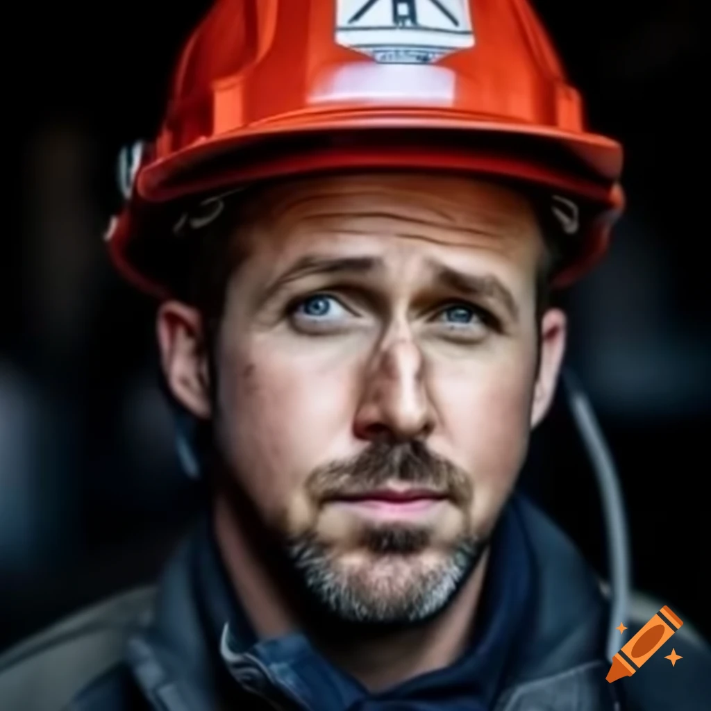 Ryan Gosling wearing red coal mining helmet on Craiyon