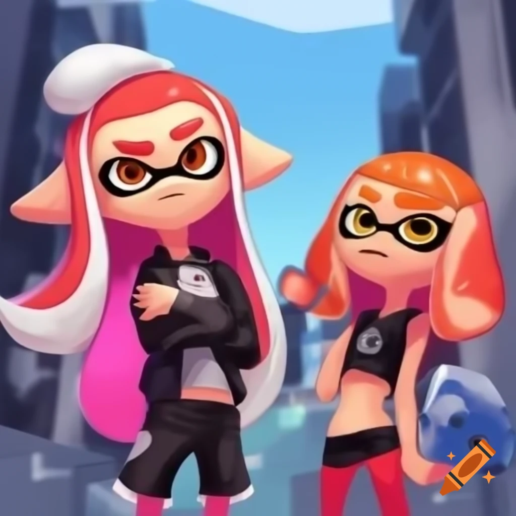 Two inklings from Nintendo Splatoon conversing in a stylized city on ...