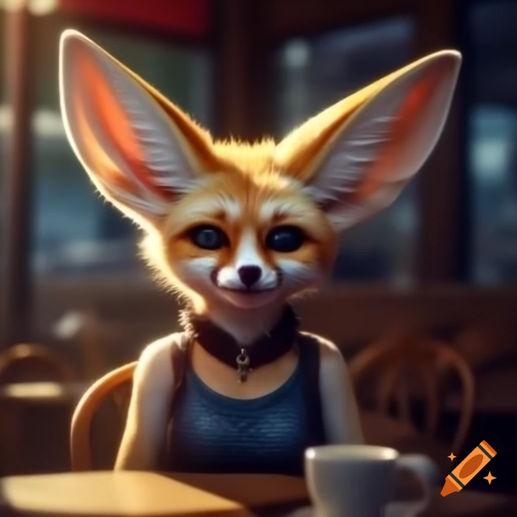 Anthro fennec character in a cozy café on a sunny day on Craiyon
