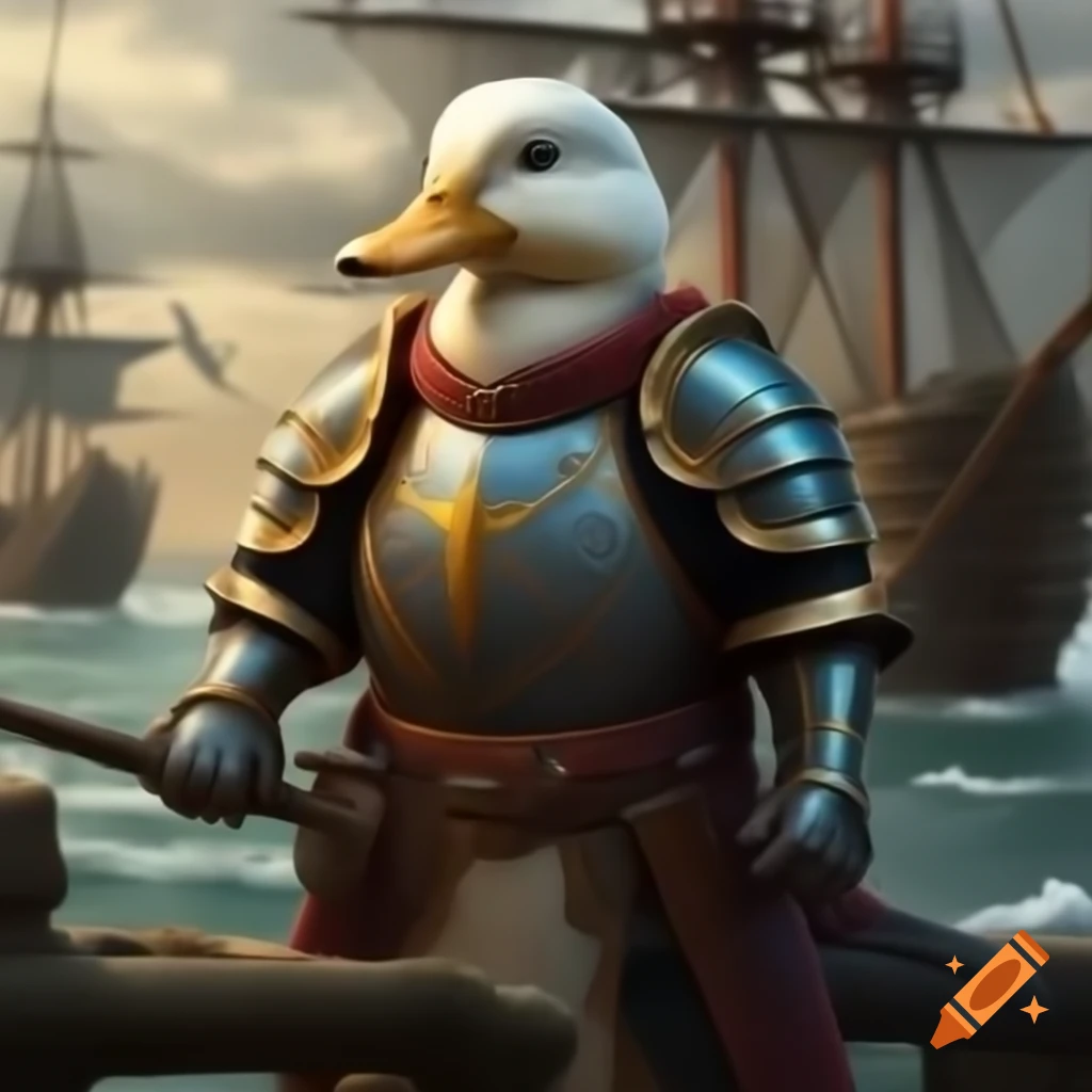 Duck knight in shining armor on galleon deck, ready for adventure at ...