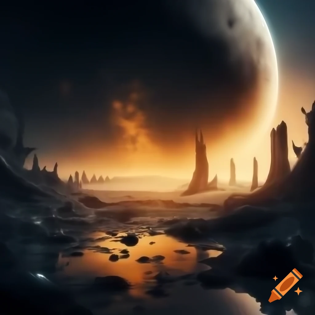 Dystopian sunset on decayed planet with ruins and sci-fi structures on ...