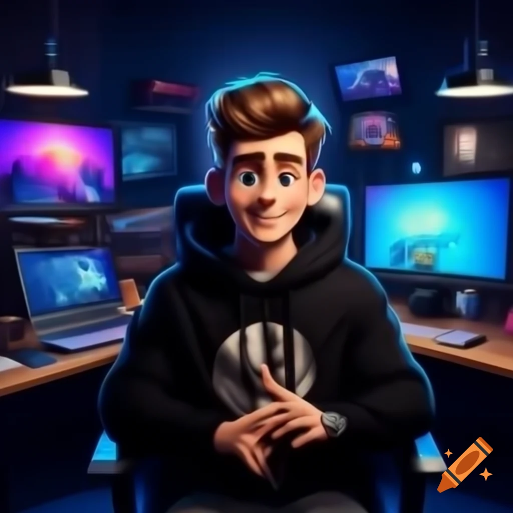 Handsome young male seated at modern desk in technology-inspired studio ...