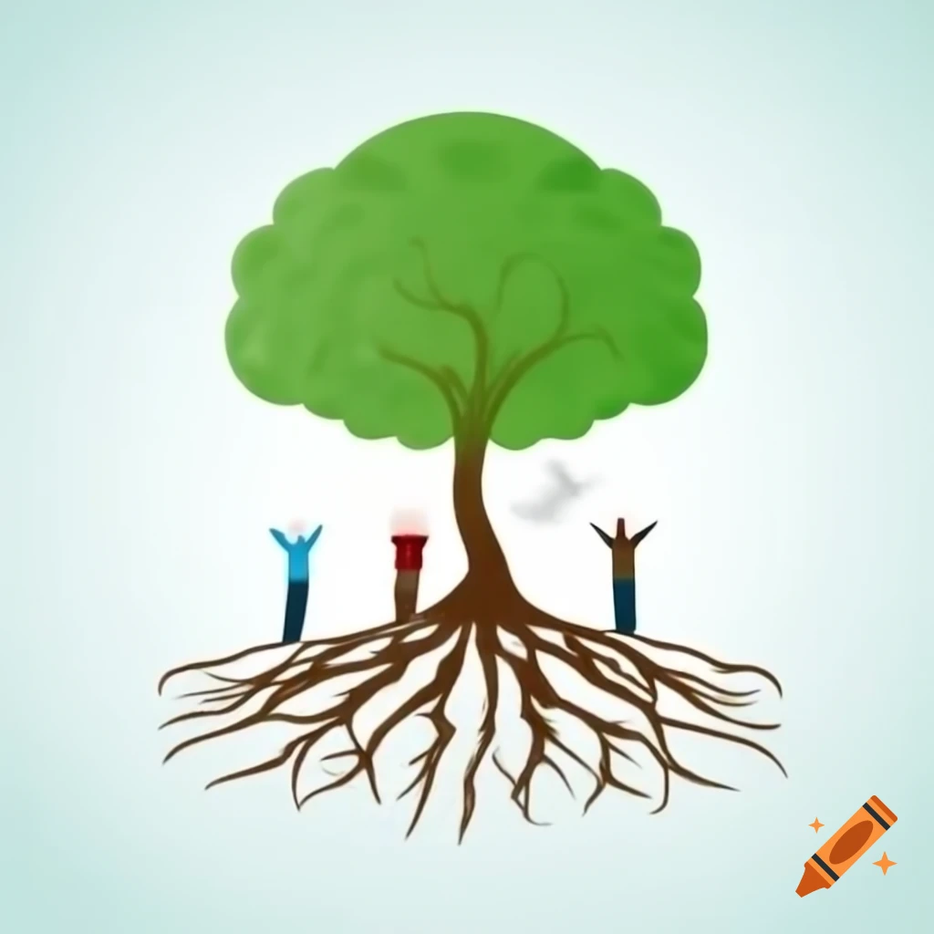 Tree with deep roots and diverse branches symbolizing growth and inclusivity on Craiyon