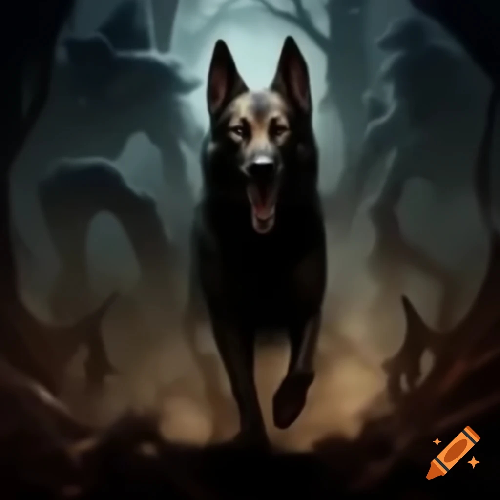 Silhouette of a german shepherd in gloom, resembling a snarling beast ...