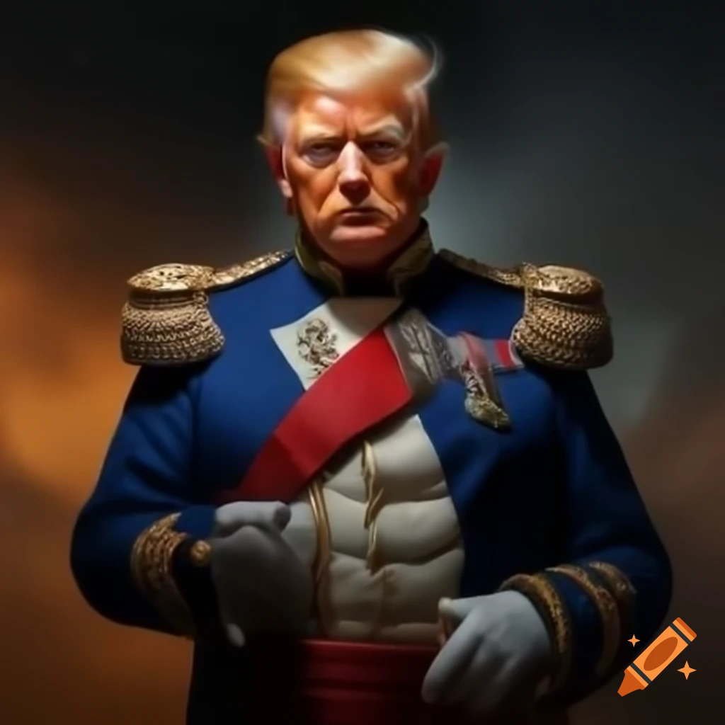 Portrait of Donald Trump in embellished military uniform exuding power ...