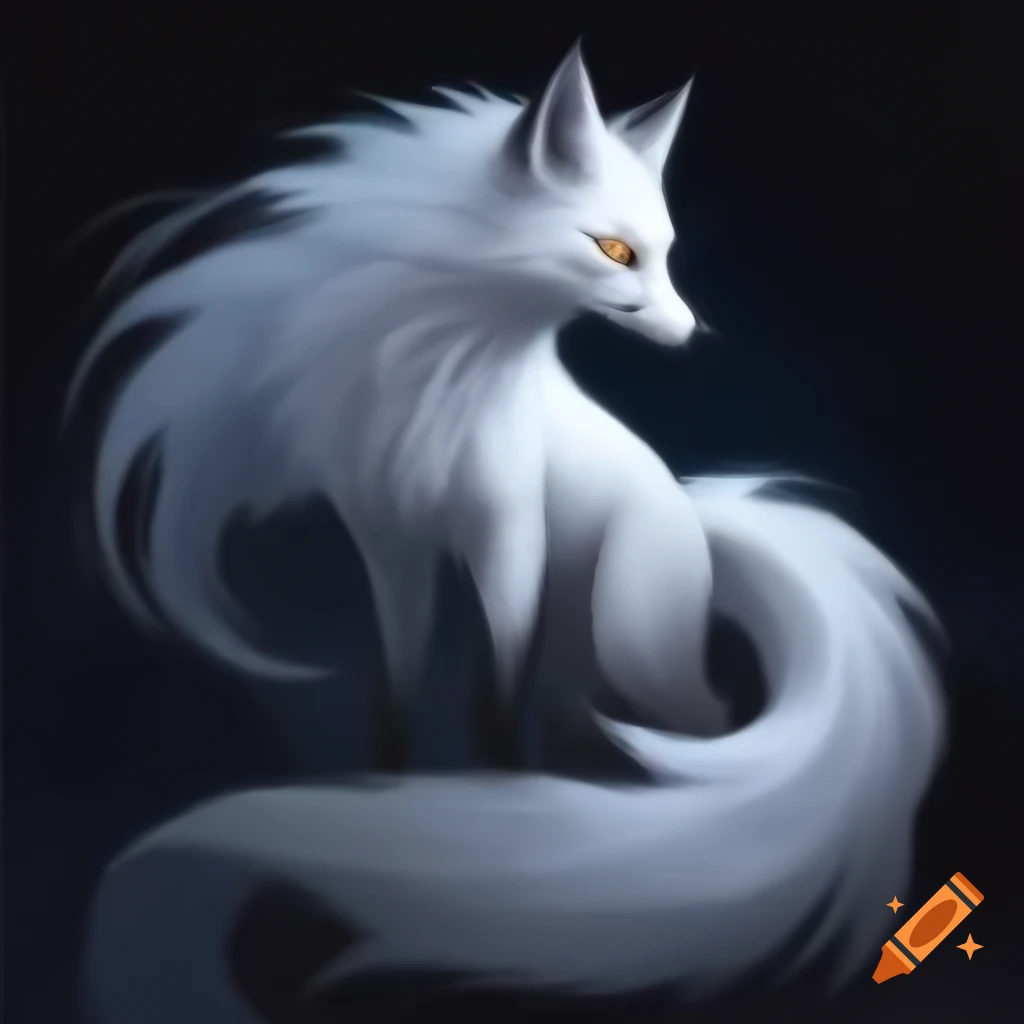 Spectral white fox demon with gold eyes and paintbrush tail on Craiyon