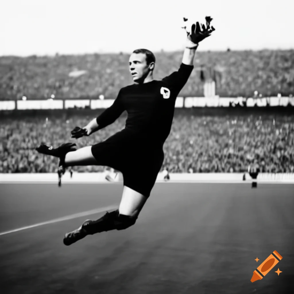 Lev yashin diving save in packed stadium with cheering fans on Craiyon