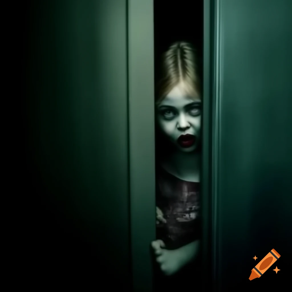 Scary girl peeking inside closet, eerie atmosphere on Craiyon