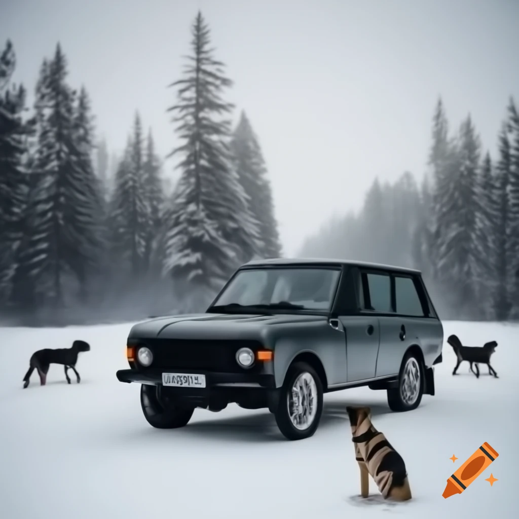 Winter landscape with leafless spruce trees and classic range rover ...