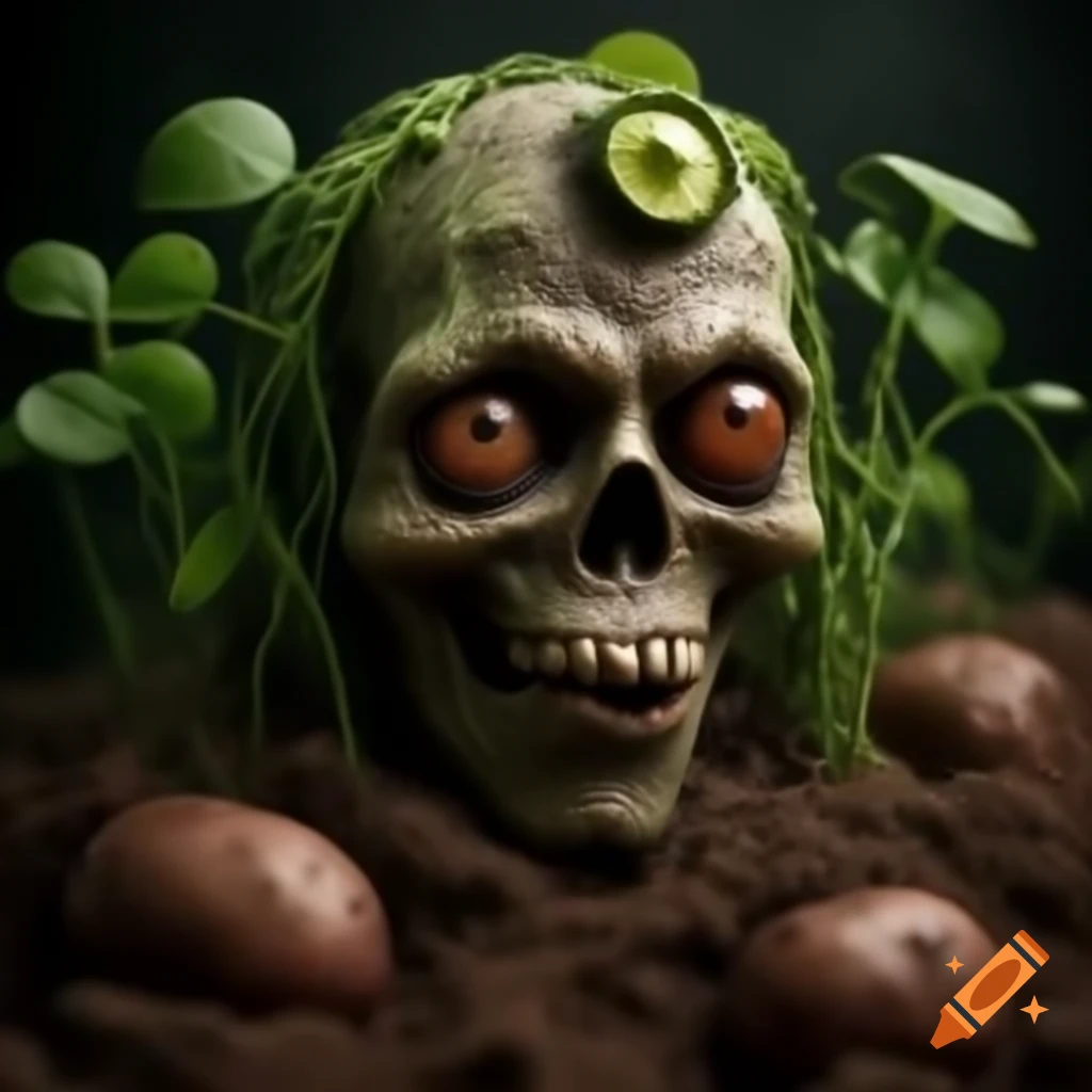 Zombies decorating plants and potatoes in a creative scene on Craiyon