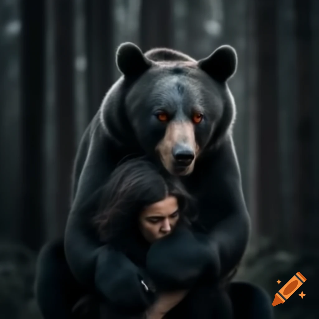 Bear and young woman in a gloomy forest setting on Craiyon