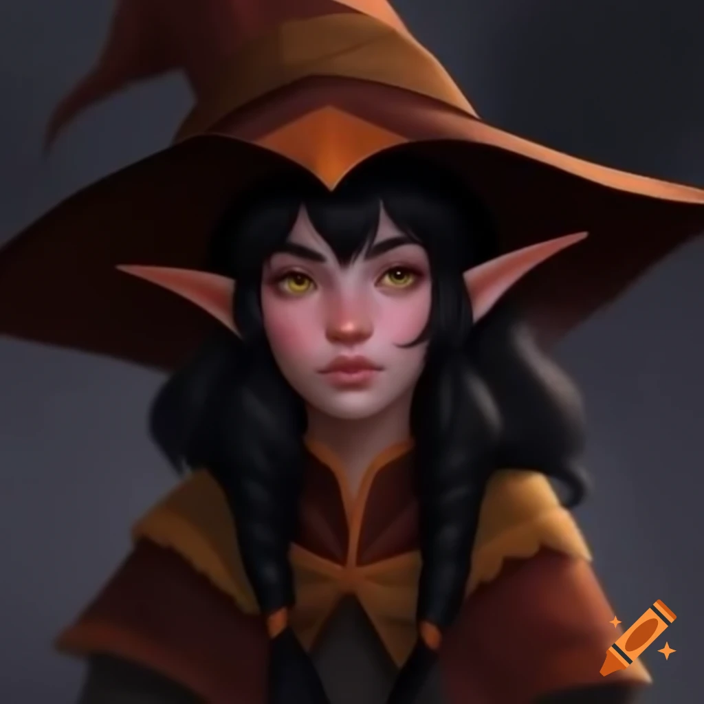 Young elven woman with black hair in a patchwork coat and oversized ...