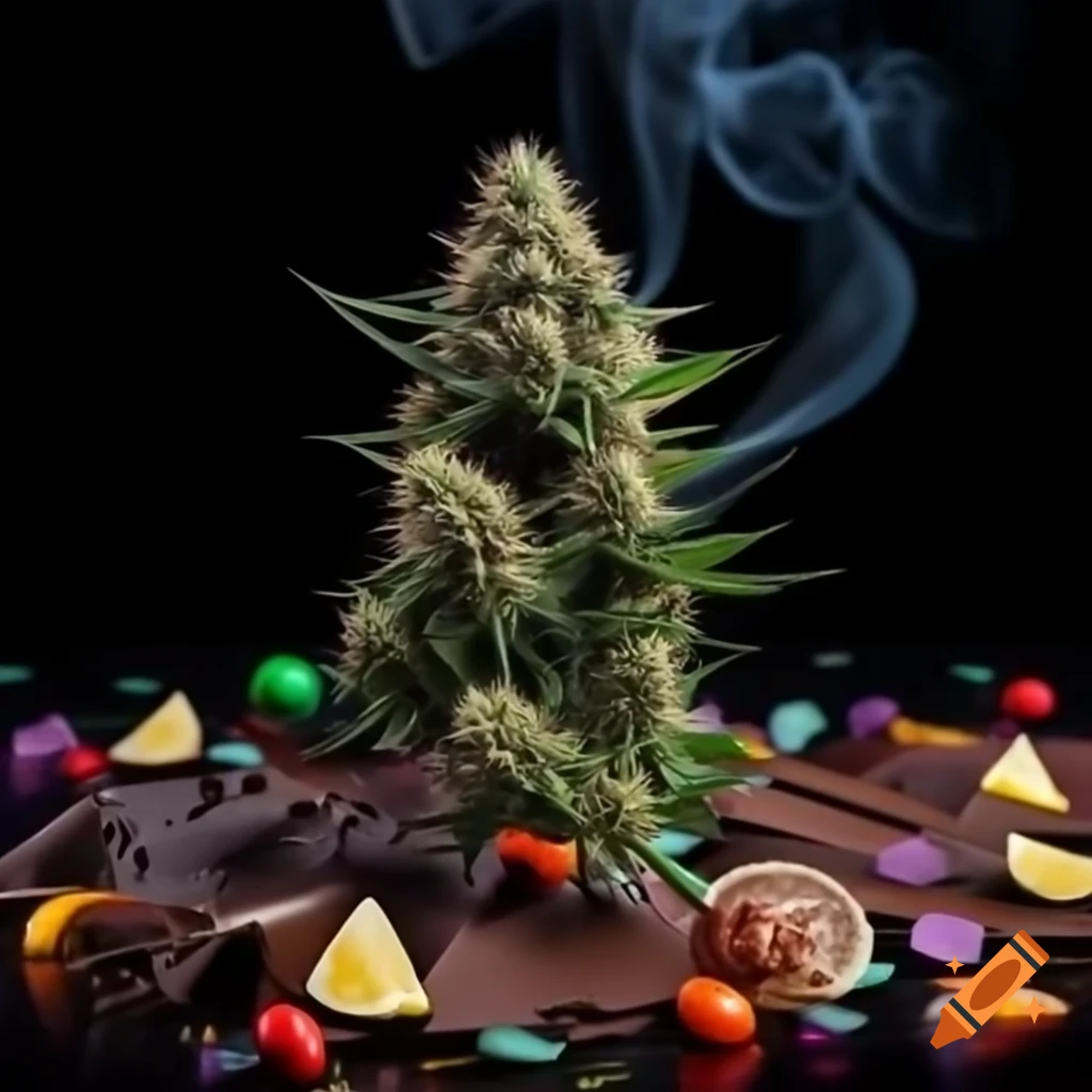 Realistic cannabis flower with chocolate and colorful neon smoke on Craiyon