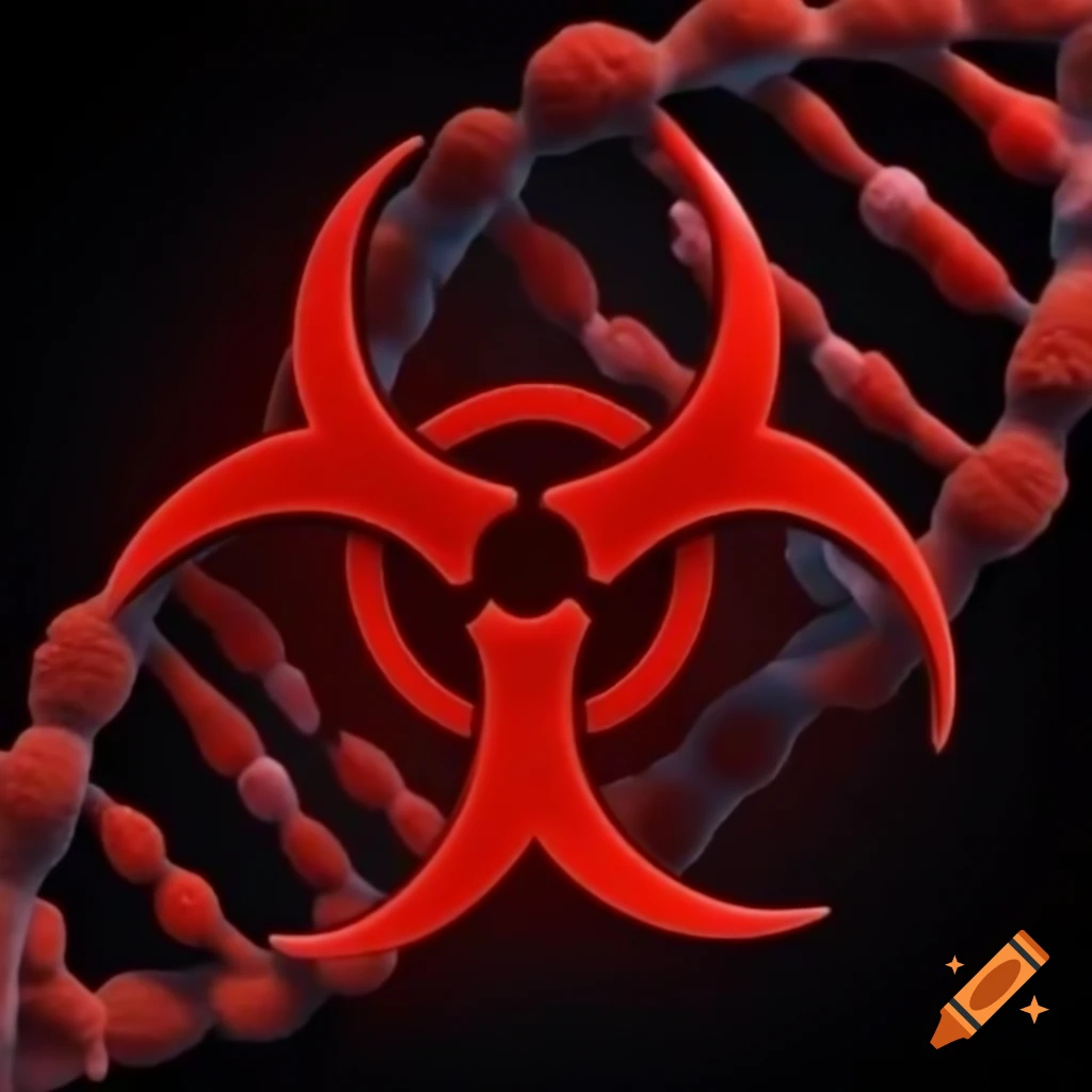 Red biohazard symbol resembling an eye with DNA strands, conveying ...