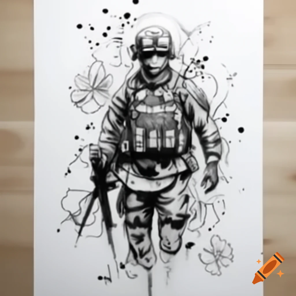 Black and white ink drawing of a lone us army soldier surrounded by ...