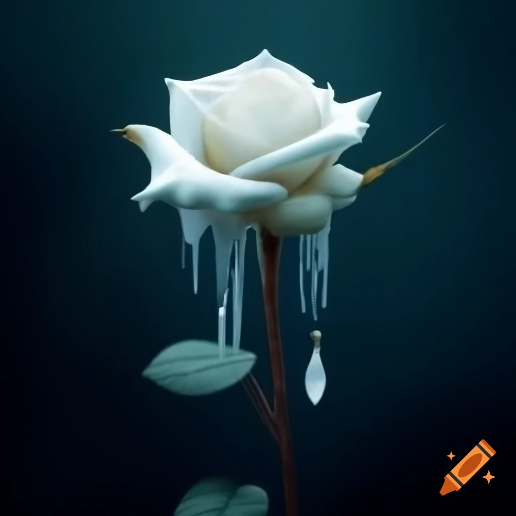 Dramatic transformation of white rose depicting life and decay on Craiyon