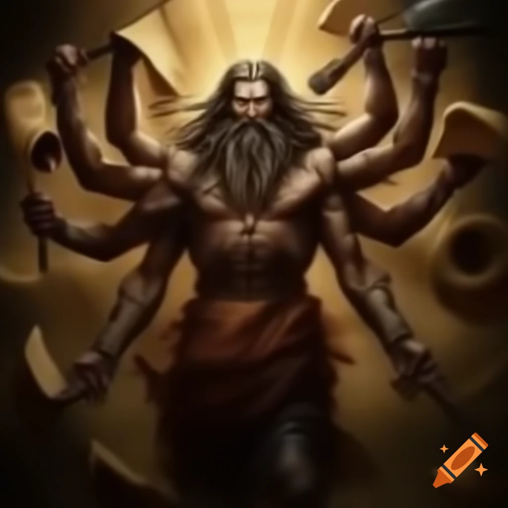 Eight-armed deity holding scrolls representing ancient knowledge on Craiyon