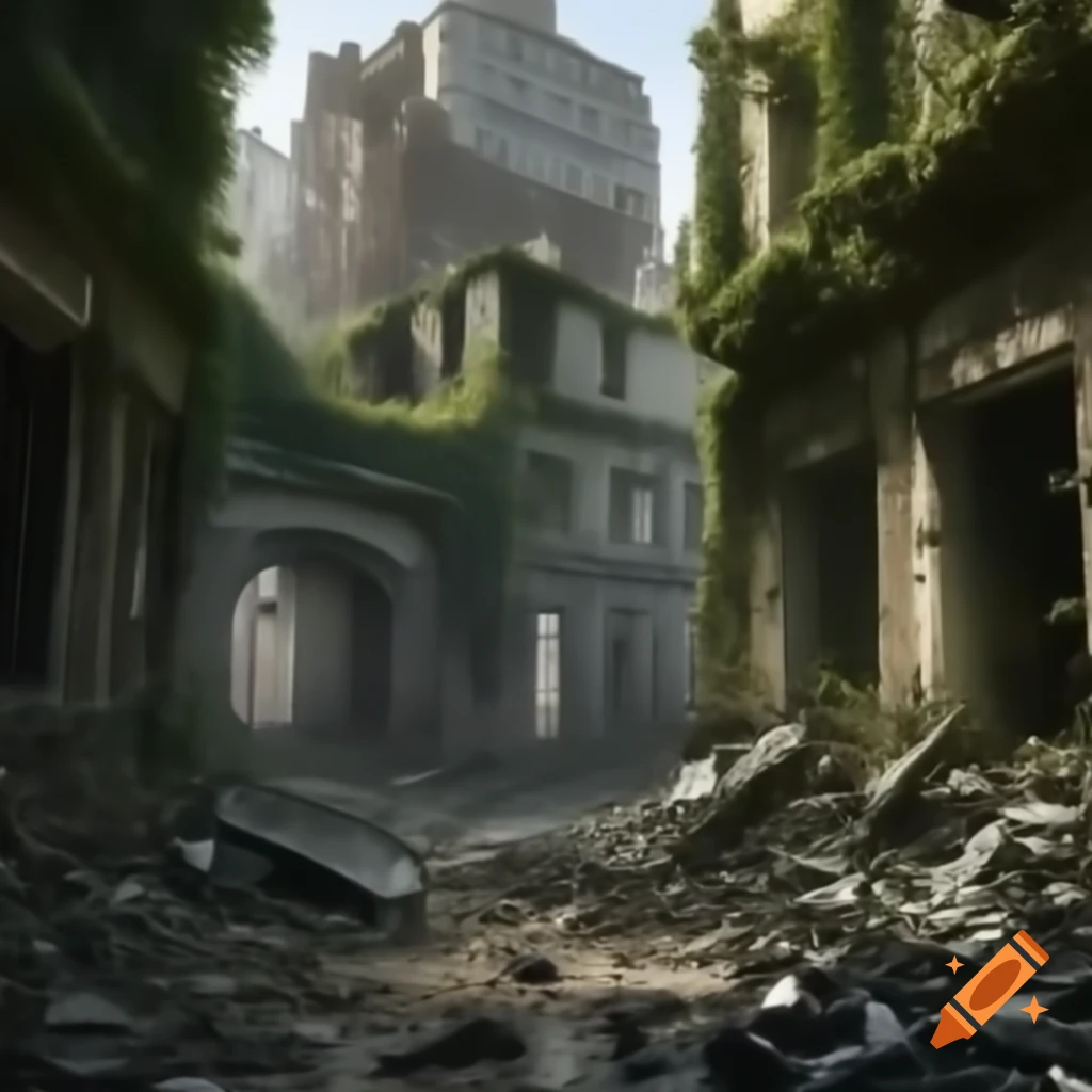 Ruined city overgrown with ivy and plants, showing heaps of rubble on Craiyon