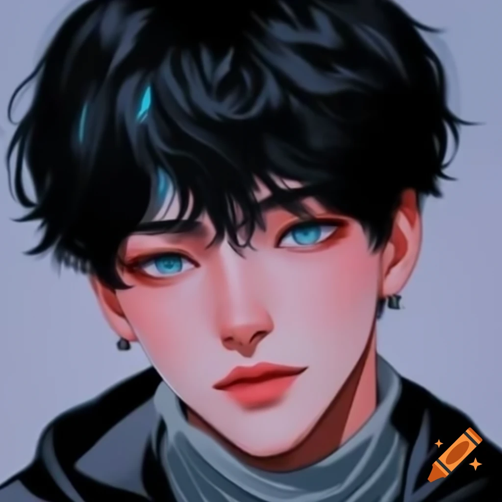 Male character design with short fluffy black hair and cyan eyes in ...