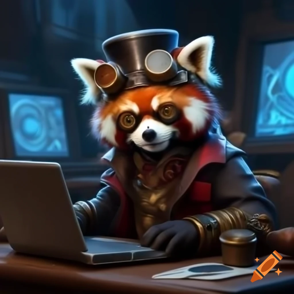 Dapper red panda in goggles and top hat looking at laptop in steampunk ...