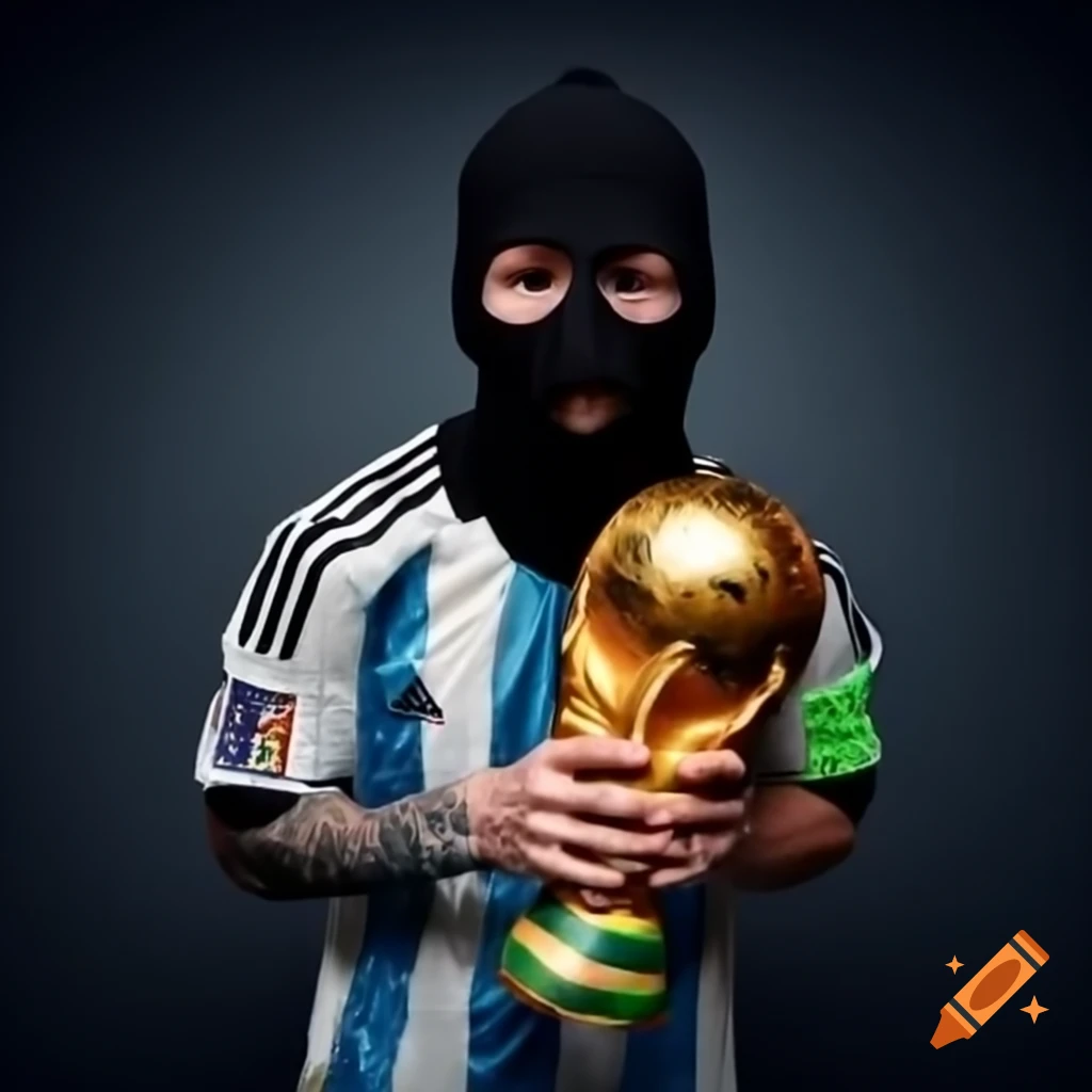Lionel messi wearing robber mask holding world cup and ballon d'or on ...